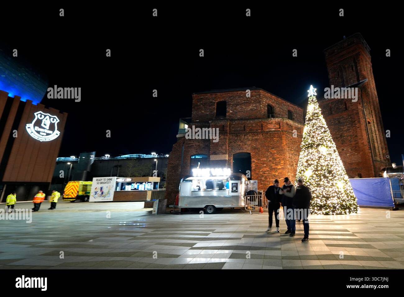 A general view of a Christmas tree with lights outside the stadium ...
