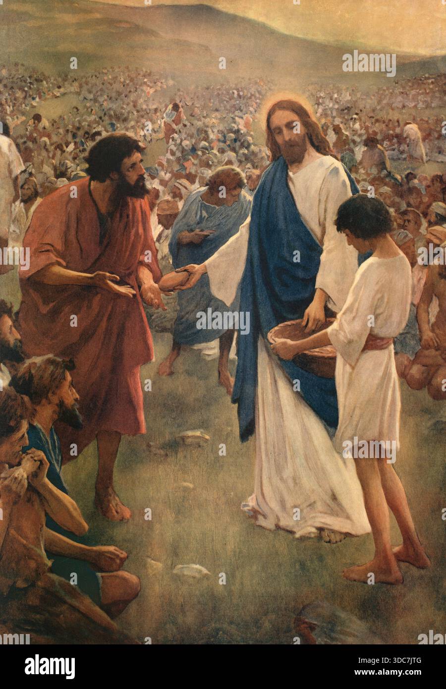 Scene from the biblical story, the feeding of the five thousand, the ...