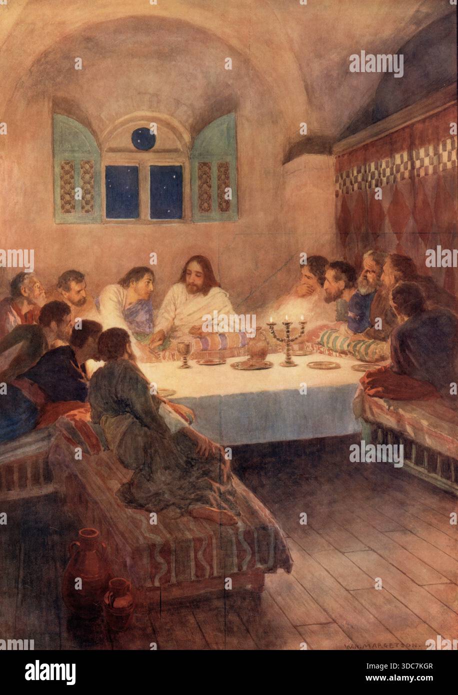 Scene from the biblical story, The Last Supper of Jesus with his ...