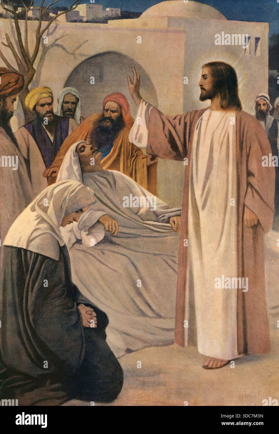 Scene from the biblical story, The Widow's Son, a story from the Gospel ...