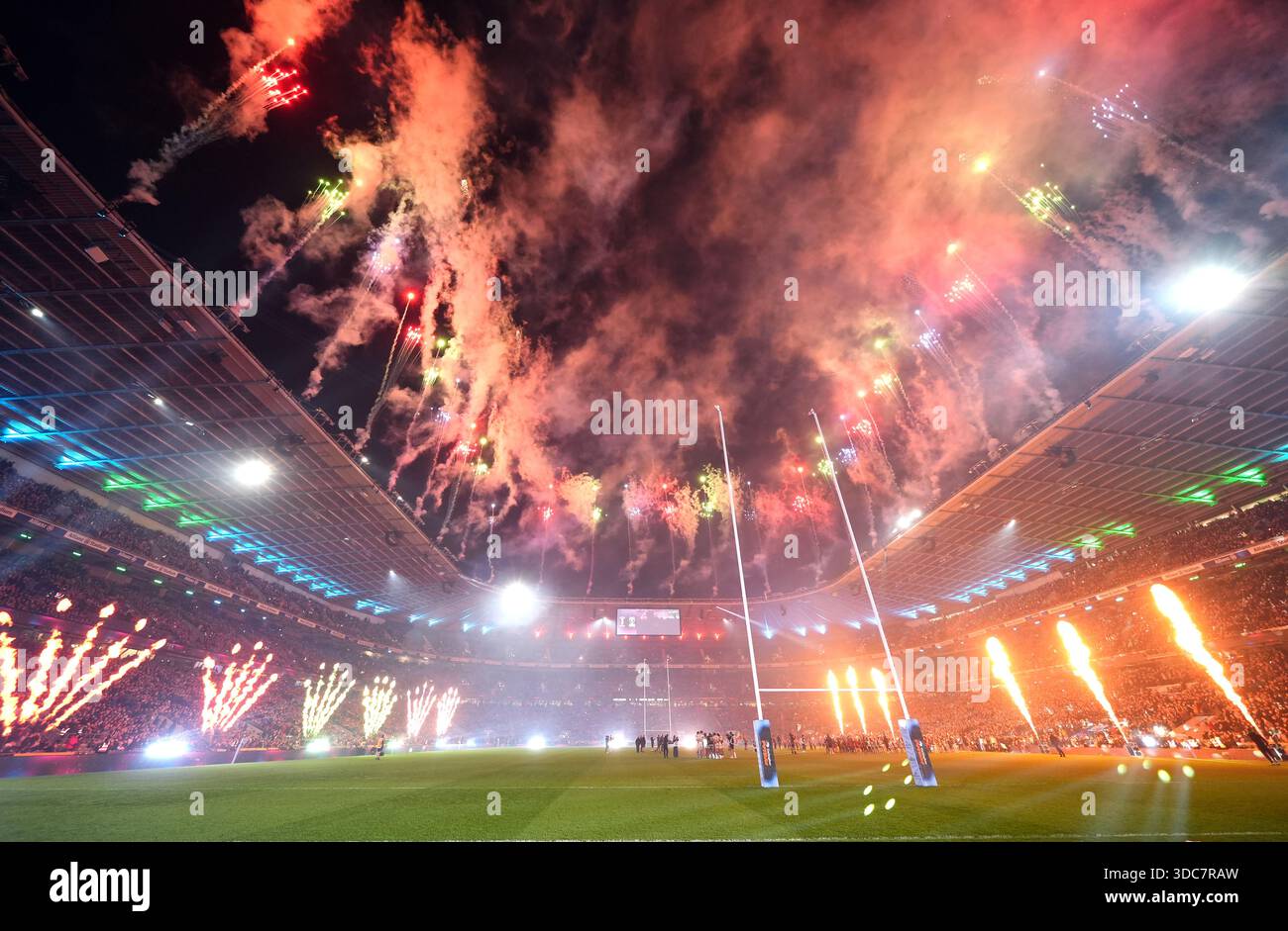 A general view as pyrotechnics are set off ahead of the Gallagher PREM ...