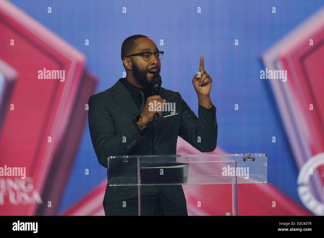 Pierre Wilson speaks during Turning Point USA's AmericaFest 2025, on ...