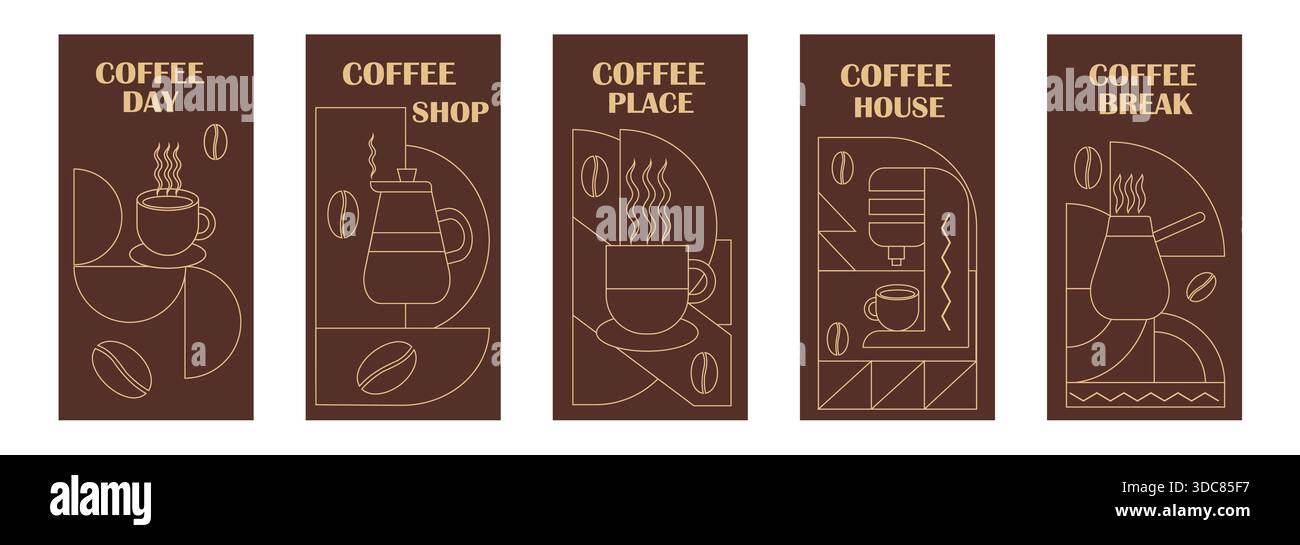 Coffee Themed Geometric Banners Collection. Hand drawn illustration of ...