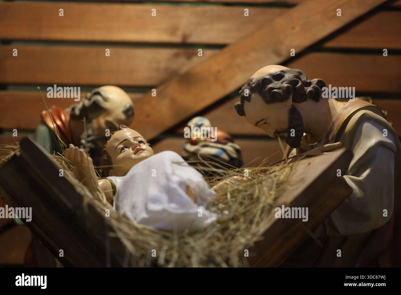 Traditional Nativity Scene with Baby Jesus in manger and Holy Family ...