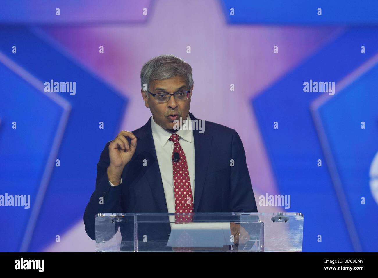 Dr. Jay Bhattacharya speaks during Turning Point USA's AmericaFest 2025 ...