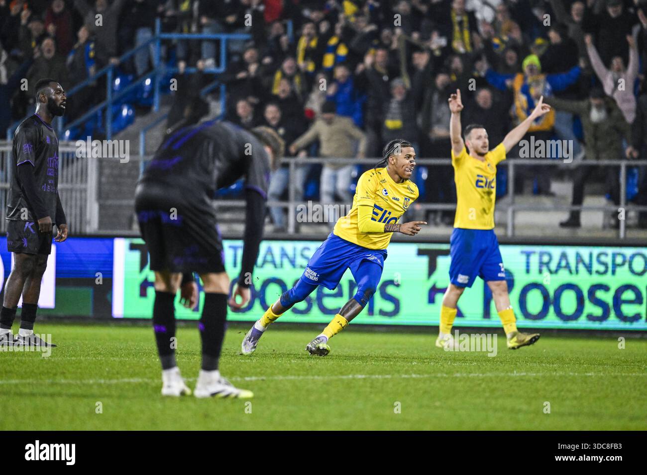 Beveren's Jearl Margaritha celebrates after scoring during a soccer ...