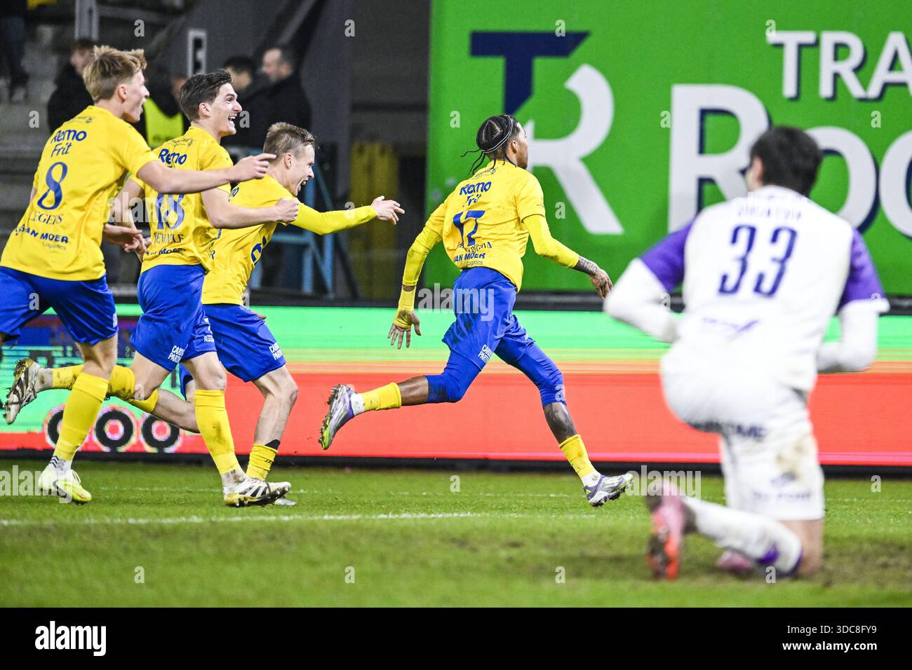 Beveren's Jearl Margaritha celebrates after scoring during a soccer ...