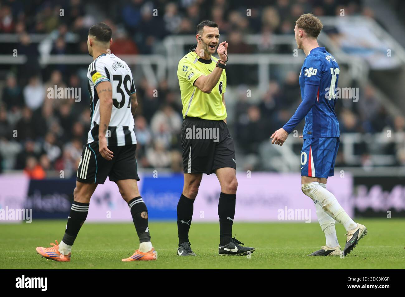 Referee Andrew Madley gestures to Cole Palmer Of Chelsea during the ...
