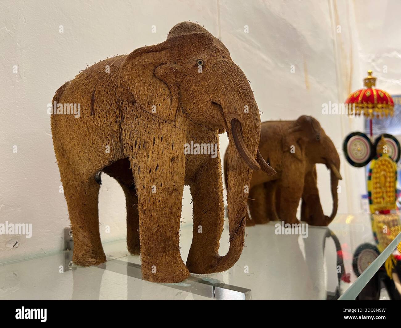 Elephant figures made from coconut shells are displayed at the Elephant ...