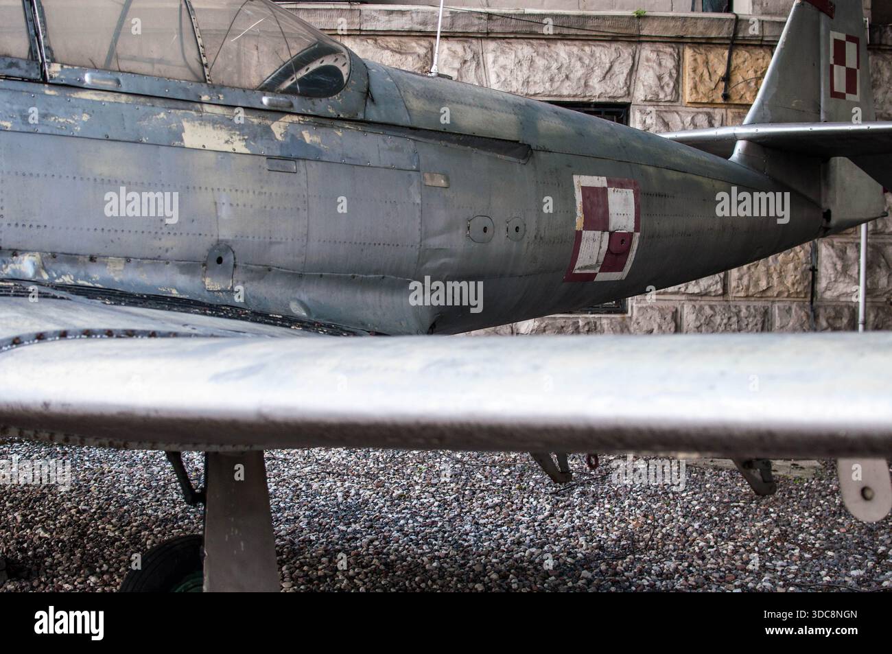 Close-up of historic military aircraft fuselage displayed at the Polish ...