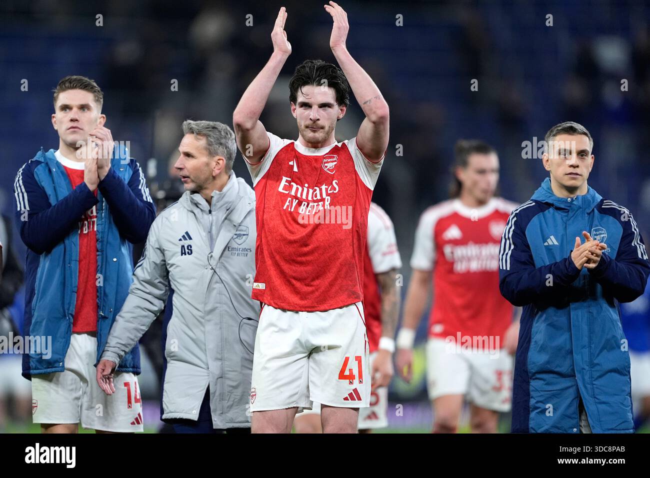 Arsenal's Declan Rice (centre) applauds the fans following victory in ...