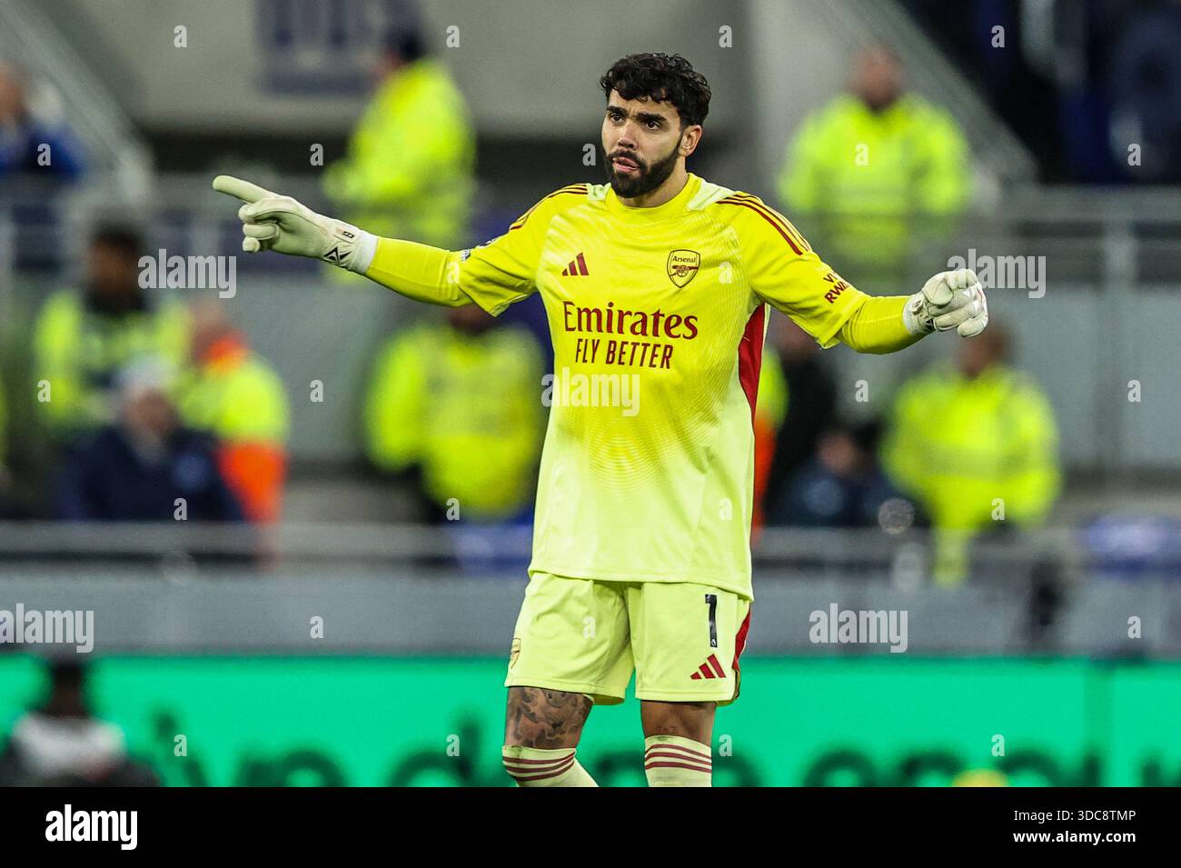Arsenal goalkeeper David Raya gives his team instructions during the ...
