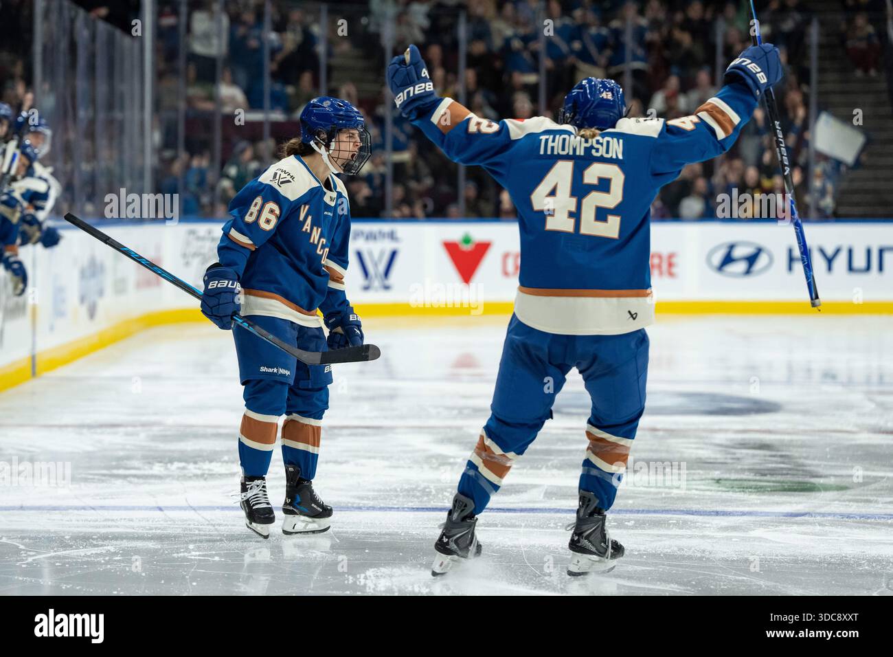 Vancouver Goldeneyes' Michela Cava (86) celebrates her goal against the ...