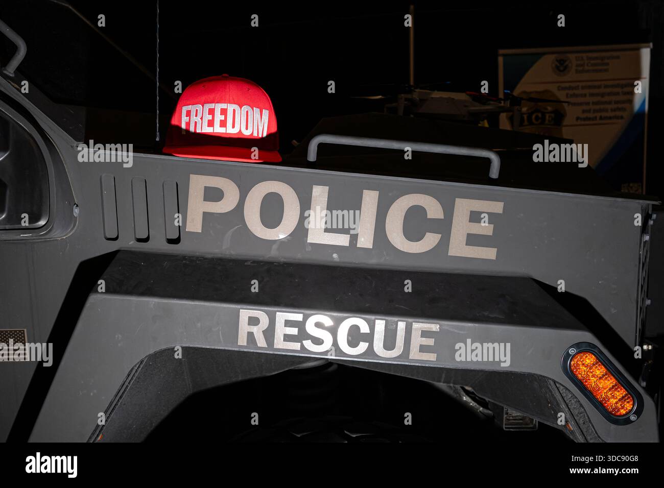 An Immigration and Customs Enforcement (ICE) vehicle is seen during ...