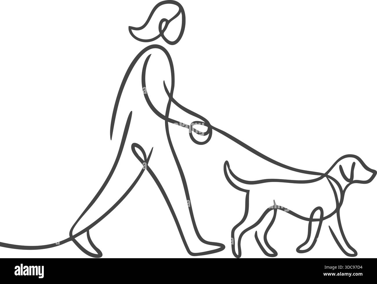 Continuous line style drawing of a woman walking her dog on a leash ...