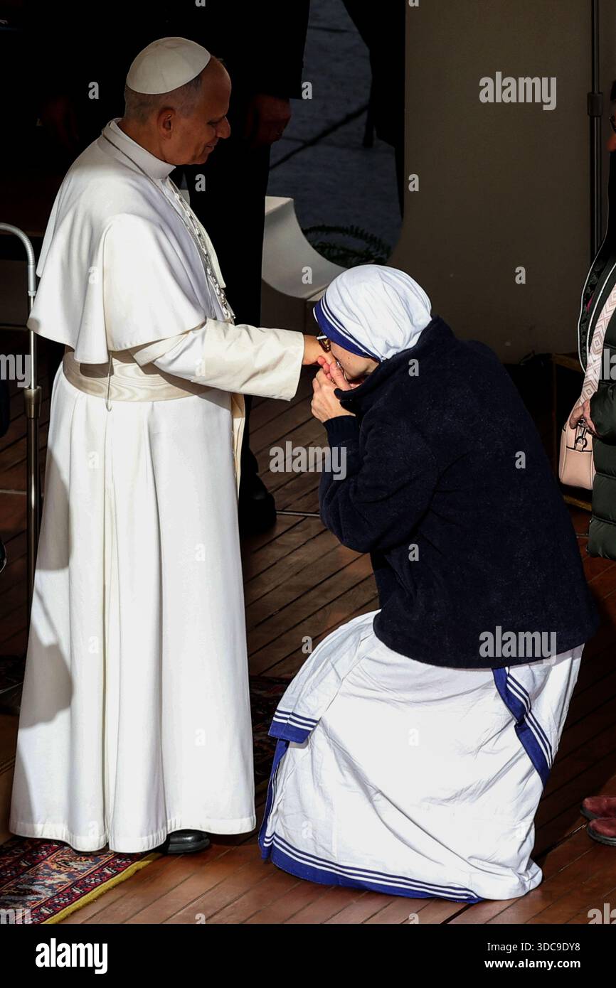 Pope Leo XIV greets a Missionary Sister of Charity of Mother Teresa of ...