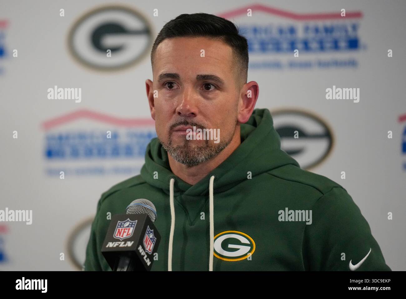 Green Bay Packers head coach Matt Lafleur talks after an NFL football ...