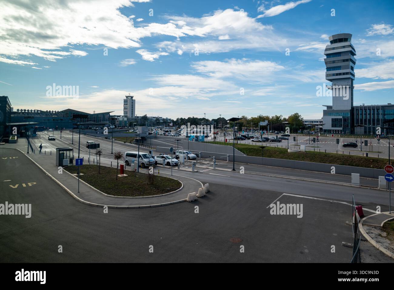 Air traffic control tower and car park at Belgrade's Nikola Tesla ...