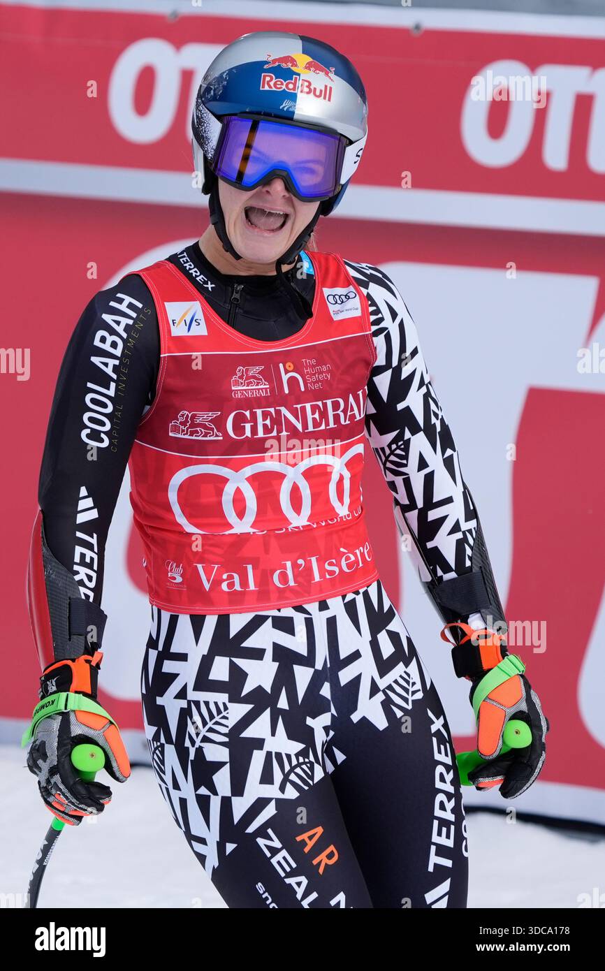 New Zealand's Alice Robinson celebrates at the finish area of an alpine ...