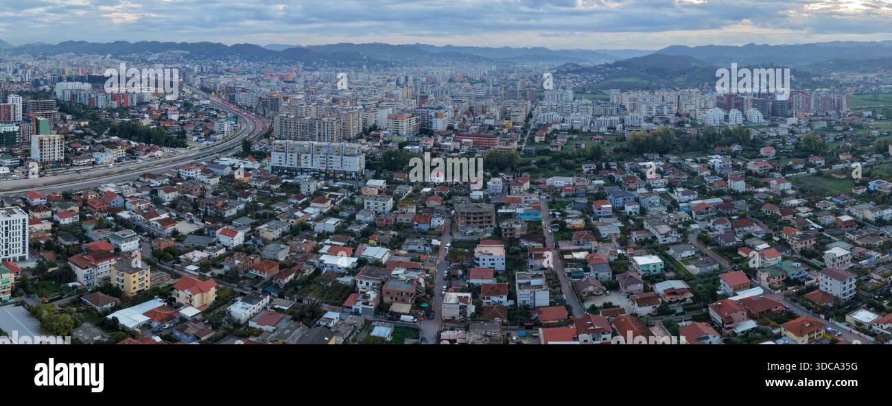 Aerial image of an outer ring road in Tirana Albania with a thin air ...