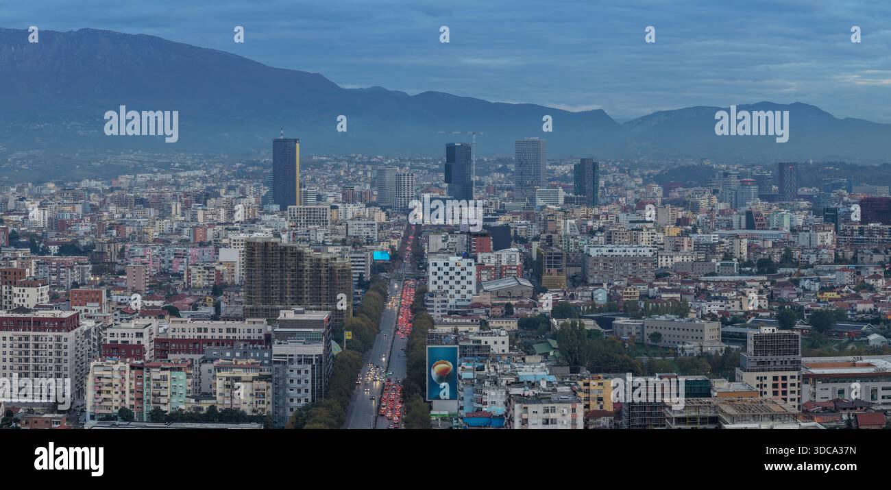 Aerial panorama of Tirana with a thin air pollution on the horizon ...