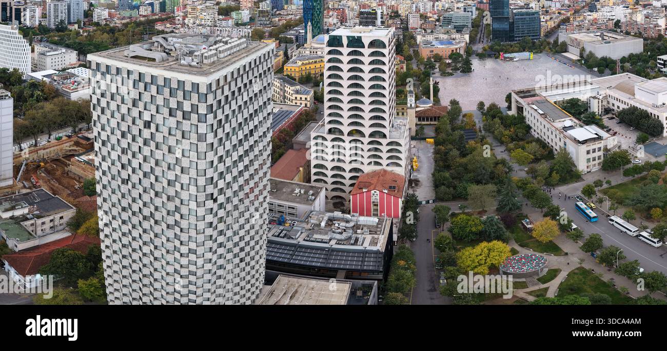 Aerial view of Skanderbeg Square with modern towers and city landmarks ...
