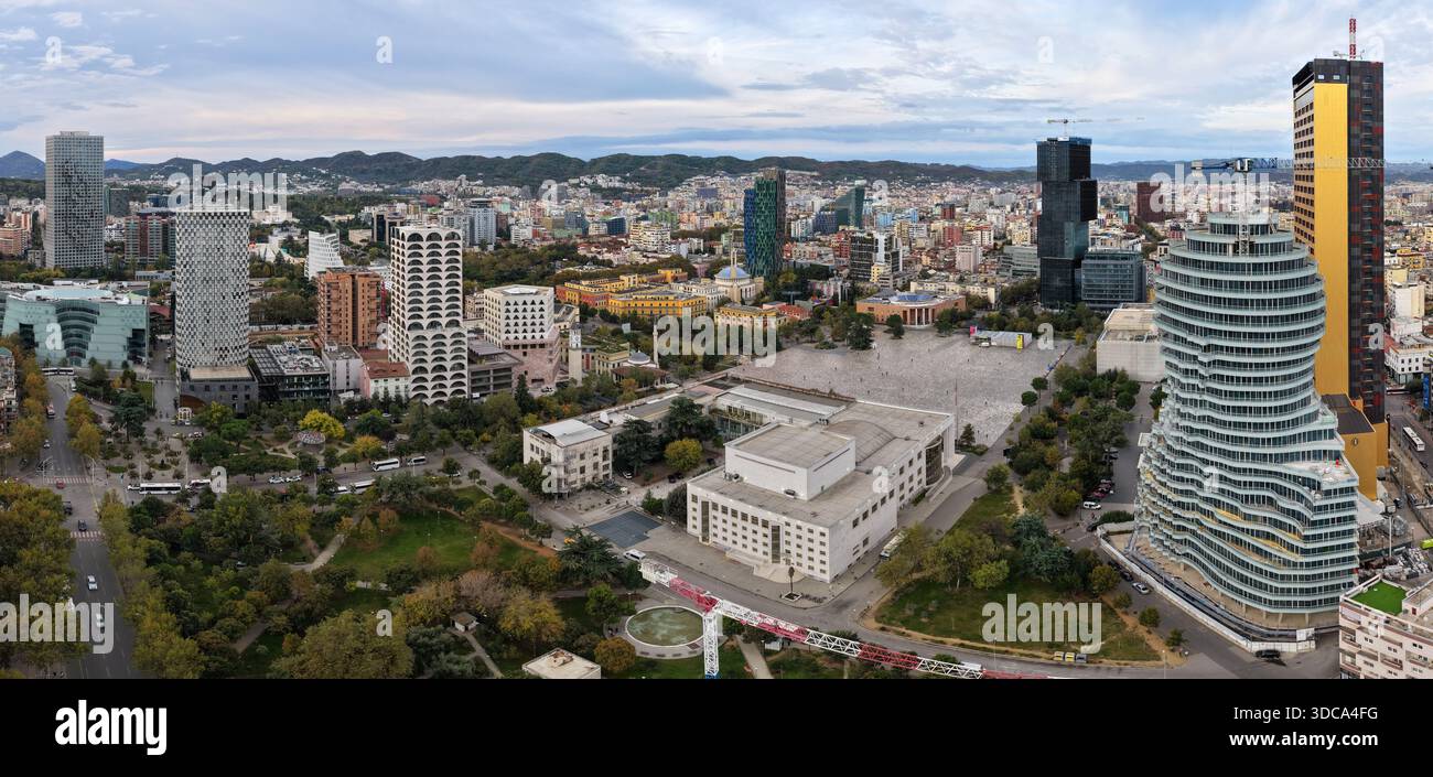 Aerial view of Skanderbeg Square with modern towers and city landmarks ...