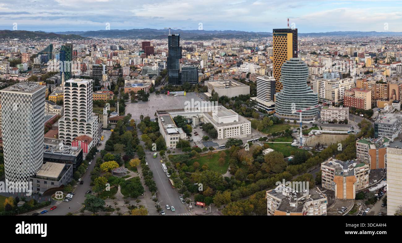 Aerial view of Skanderbeg Square with modern towers and city landmarks ...
