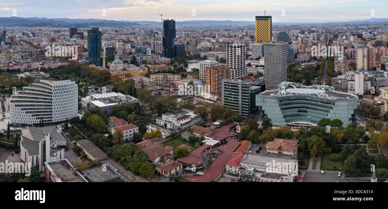 Aerial panorama of central Tirana showcasing modern high-rises ...