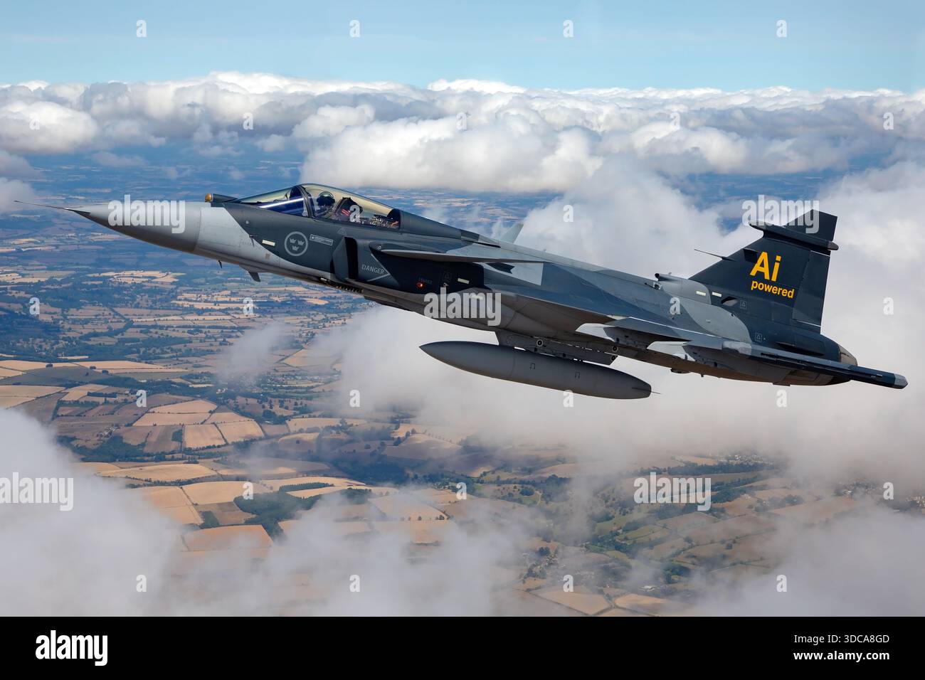 Shown is a Swedish Air Force Saab JAS 39E Gripen multirole fighter jet ...