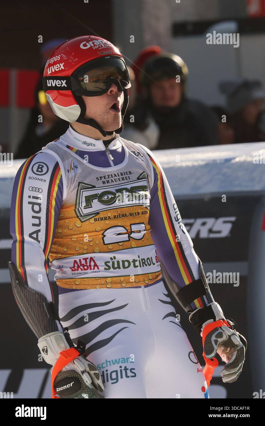 Germany's Fabian Gratz celebrates at the finish area of an alpine ski ...