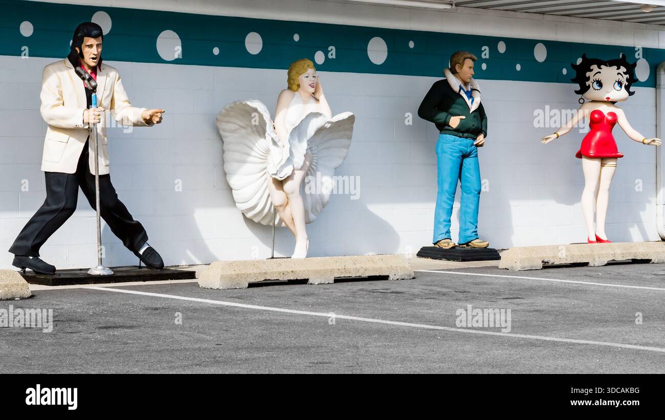 On ROUTE 66, statues of Elvis Presley, Marilyn Monroe, James Dean, and ...