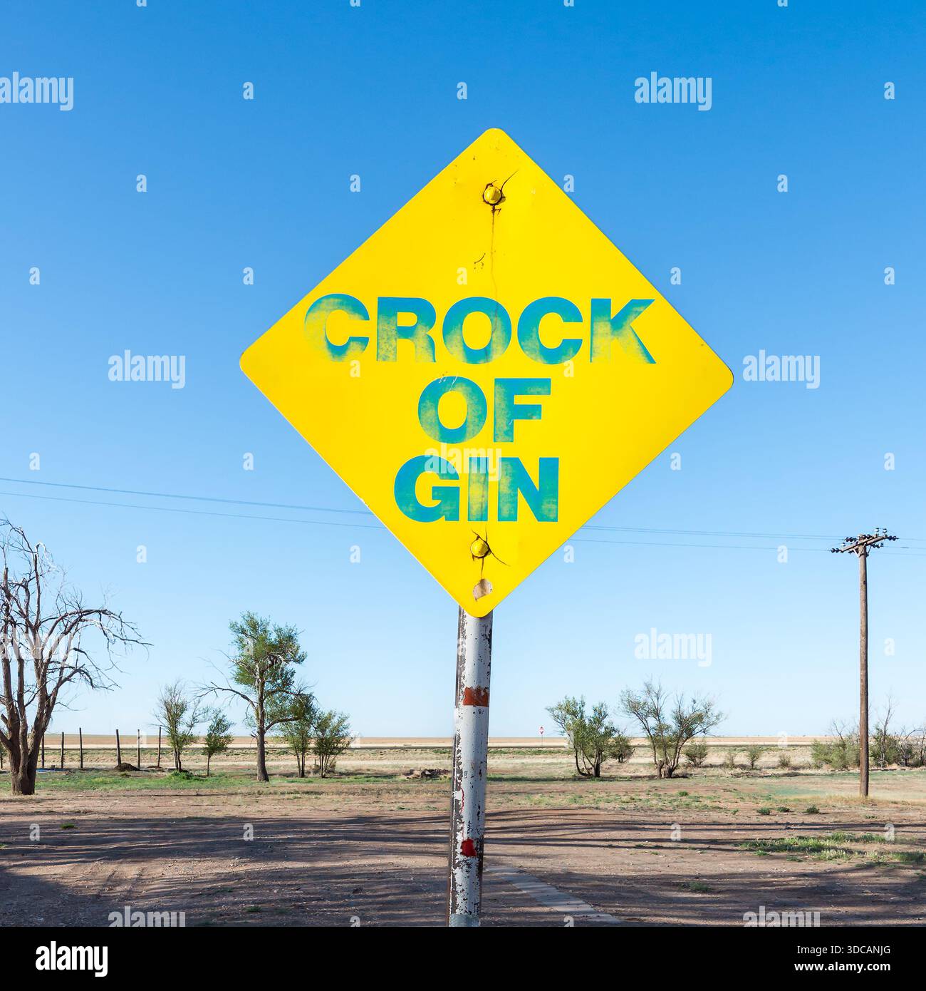 On ROUTE 66, whimsical "Crock of Gin" mock road sign, Adrian, Texas ...