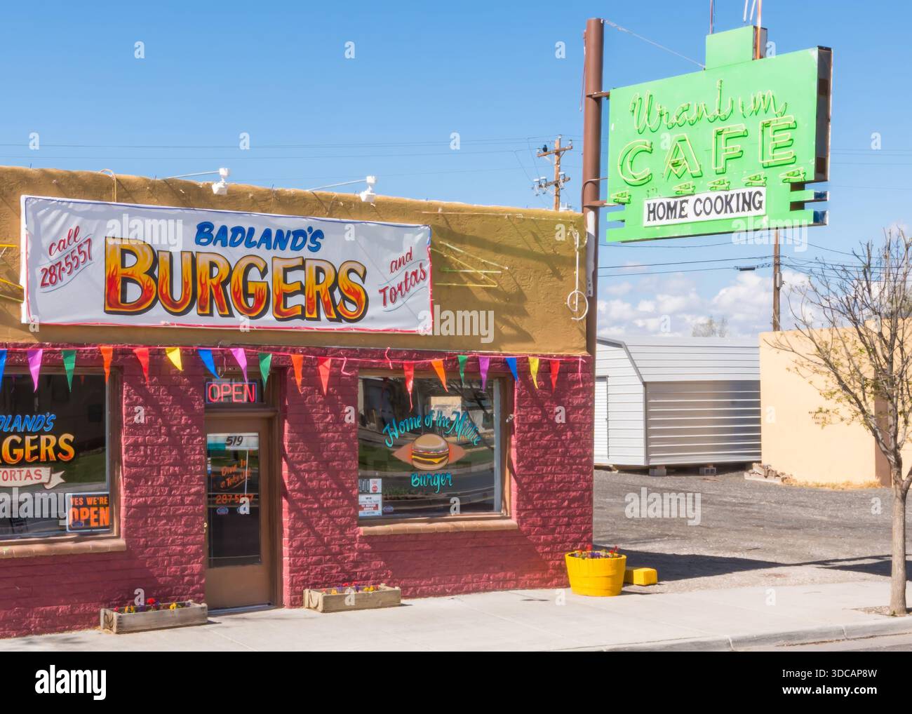 On ROUTE 66, historic Uranium Cafe neon sign, Badland's Burgers ...
