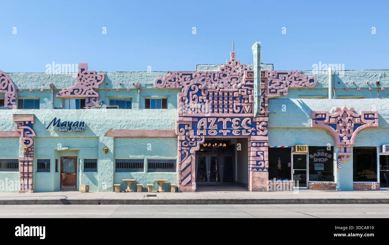 On ROUTE 66, historic Aztec Hotel (Mayan architecture), Monrovia ...