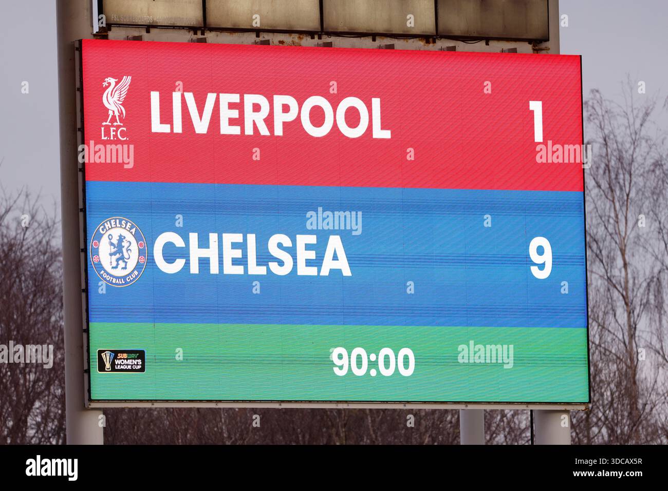 Liverpool 1, Chelsea 9 is shown on the scoreboard after the Subway ...