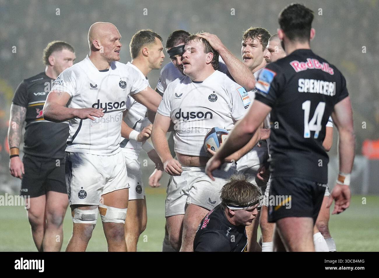 Bath Rugby's Archie Griffin celebrates scoring a try during the ...