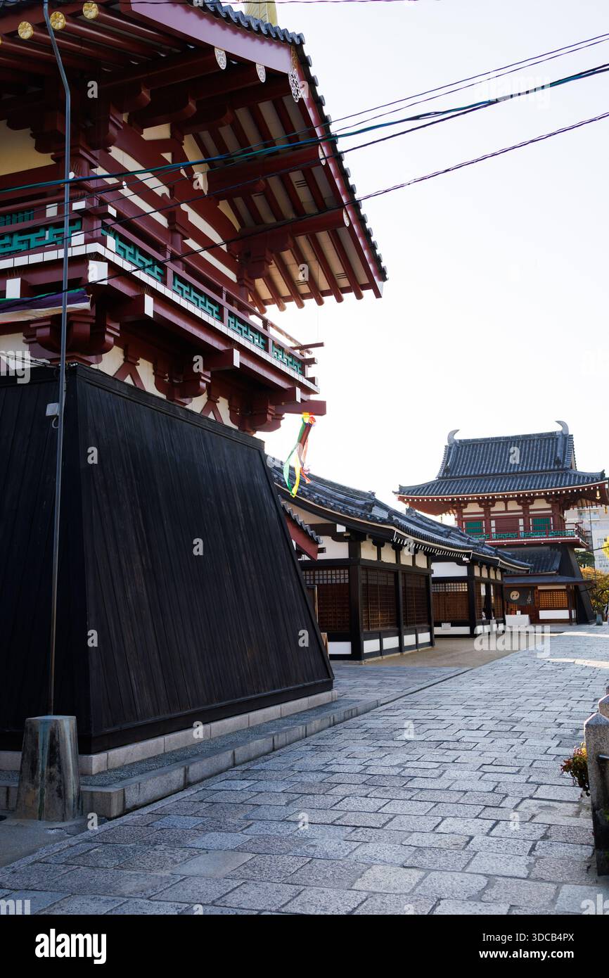 A traditional Japanese temple complex featuring black-and-white wood ...