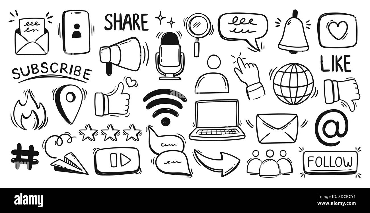 Social media doodle icons. Like, share and bell, thumb up for follower ...