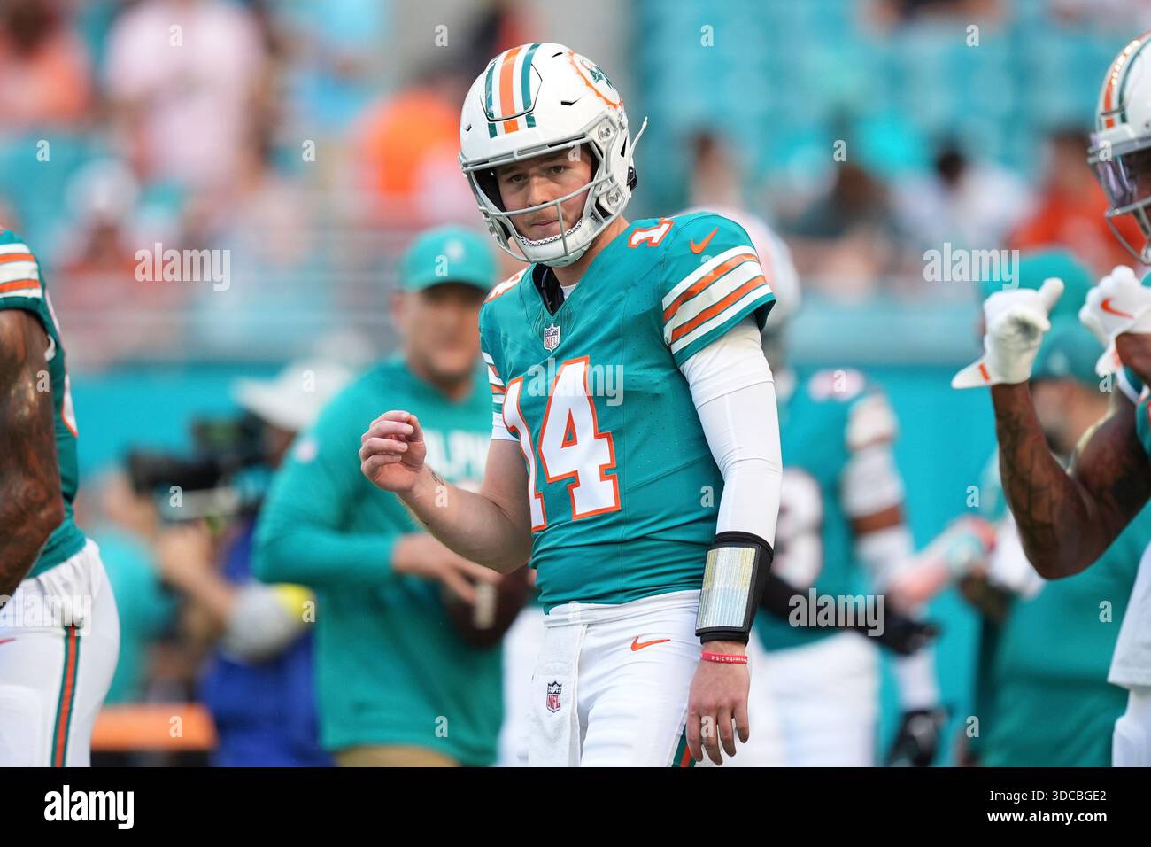 Miami Dolphins quarterback Quinn Ewers practices during pregame warmups ...