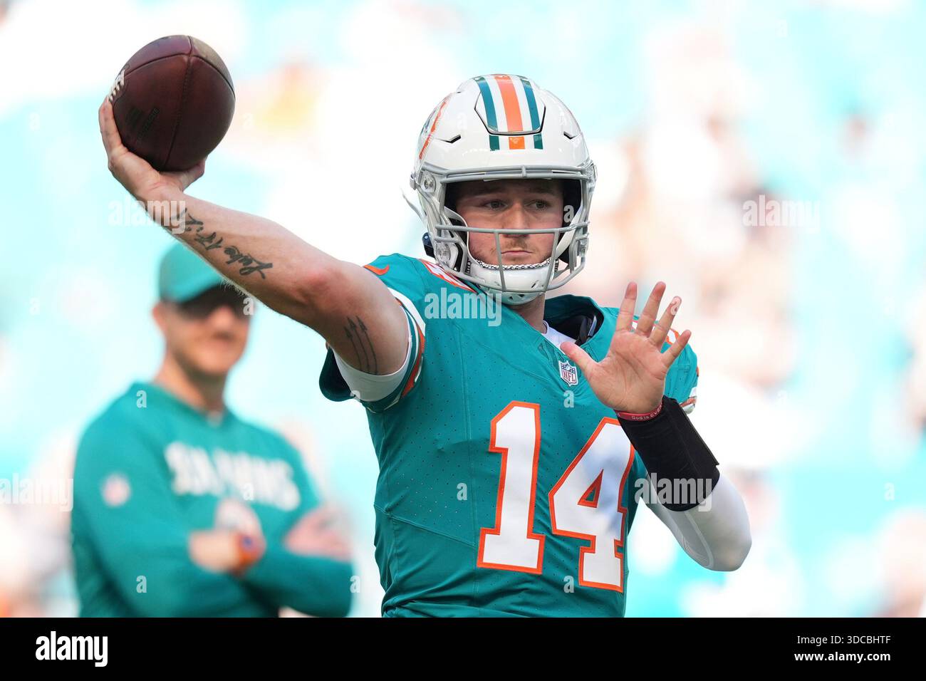 Miami Dolphins quarterback Quinn Ewers throws during pregame warmups ...