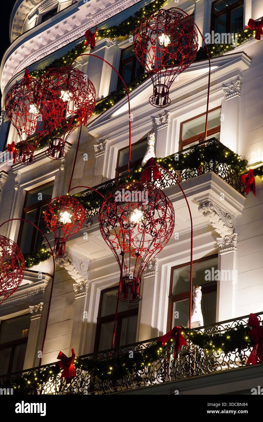 Beautiful historical building facade decorated for Christmas with ...