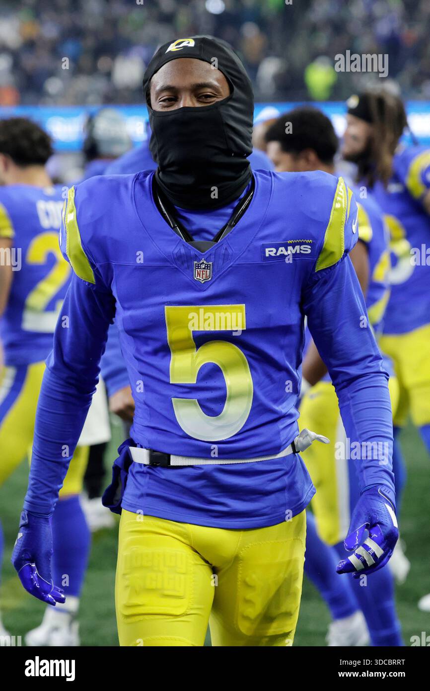iLos Angeles Rams wide receiver Tutu Atwell (5) walks the sidelines ...