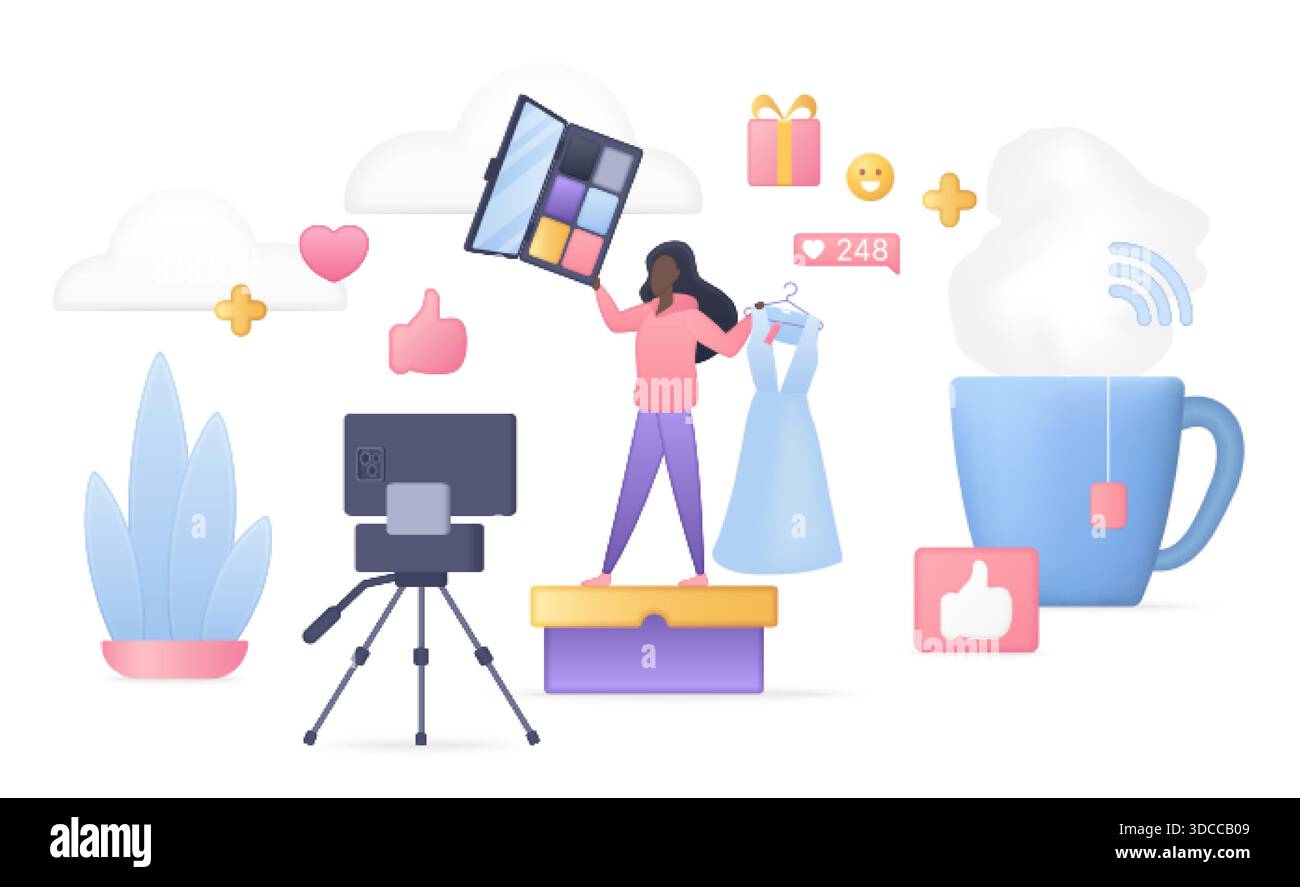 Modern vlogger presenting makeup and fashion items with camera, social ...