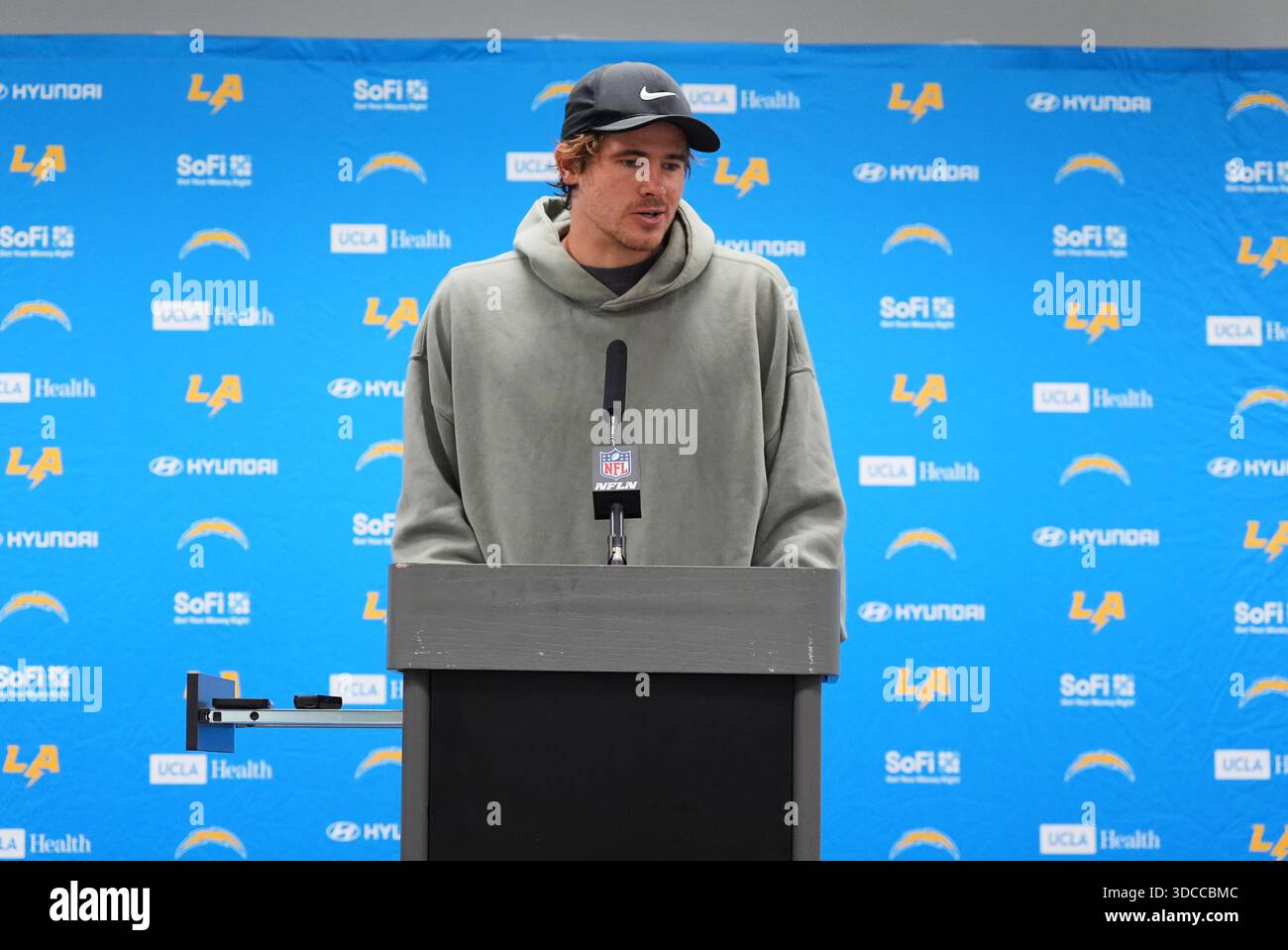 Los Angeles Chargers answers questions after an NFL football game ...