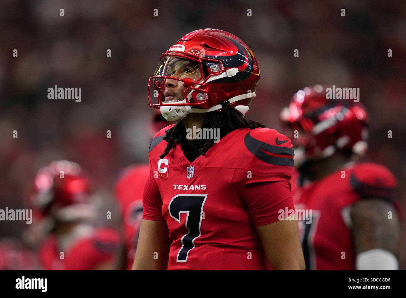 Houston Texans quarterback C.J. Stroud (7) reacts during the first half ...