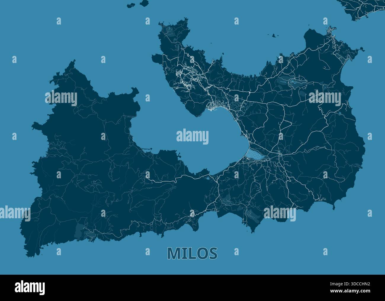 Map of Milos Island, rendered in shades of blue. The island's ...