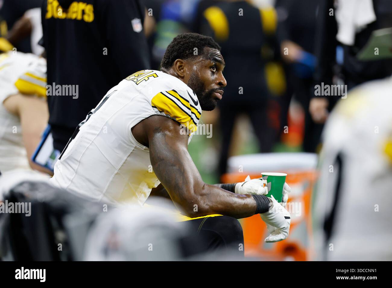 Pittsburgh Steelers' DK Metcalf sits on the bench during the second ...