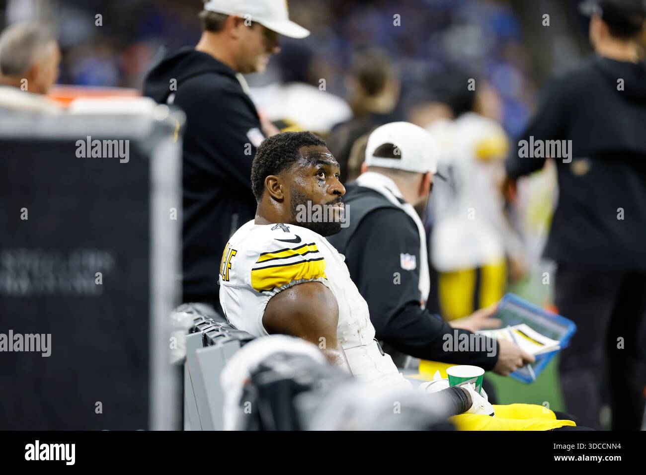 Pittsburgh Steelers' DK Metcalf sits on the bench during the second ...