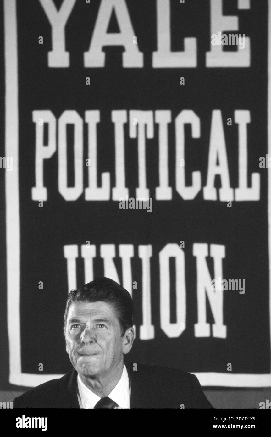Ronald Reagan and Nancy Reagan during a press event at Yale University ...